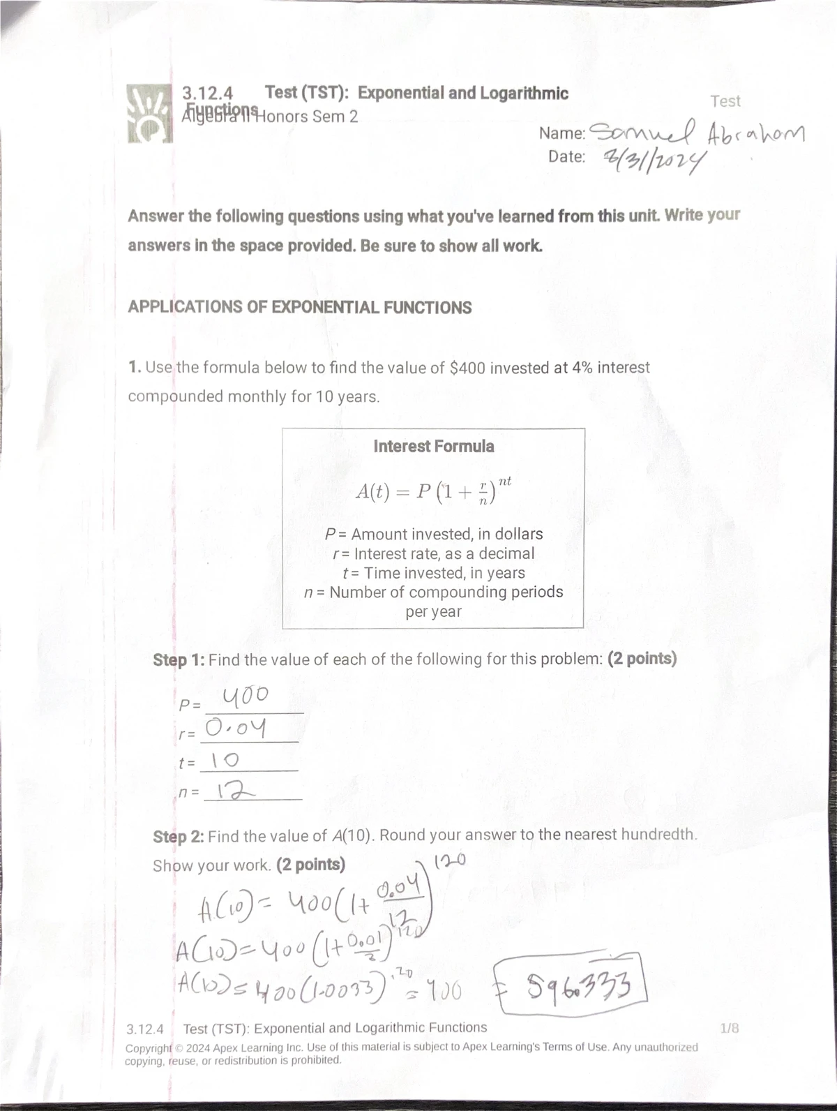 Chapter 2 test - help - 2.10 Test (TST): Radical Expressions and Test ...