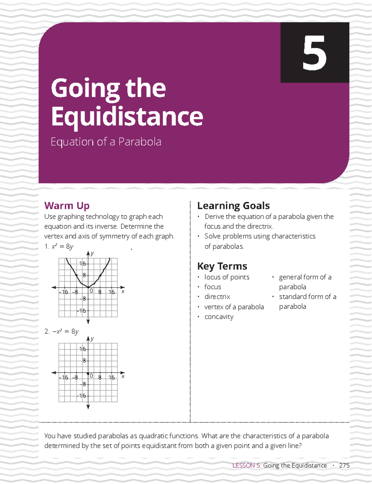 Alg II M1T3 Lesson 5 - Review - LESSON 5: Going the Equidistance • 275 ...