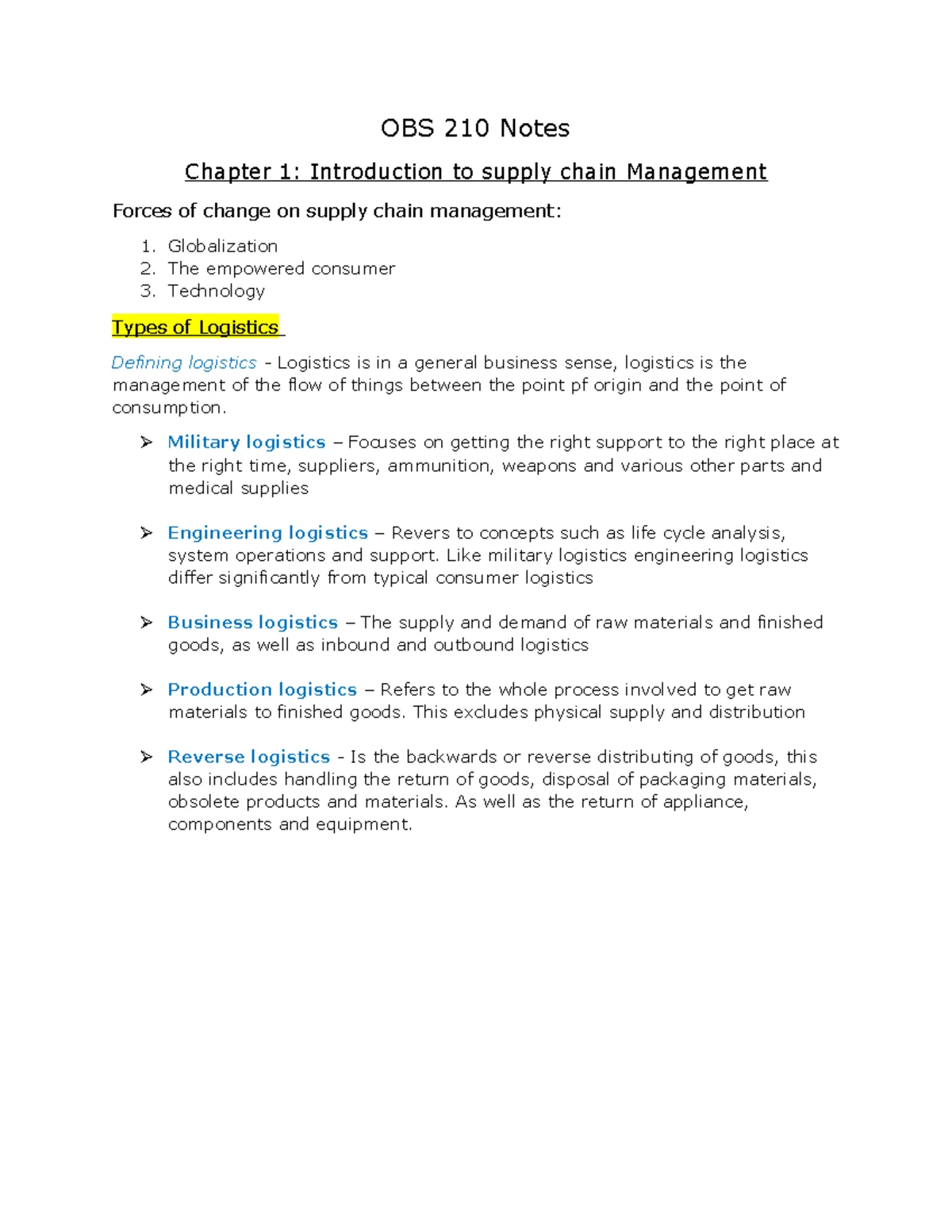 Chapter 1 - Introduction to Logistics & Supply Chain Management - Studocu
