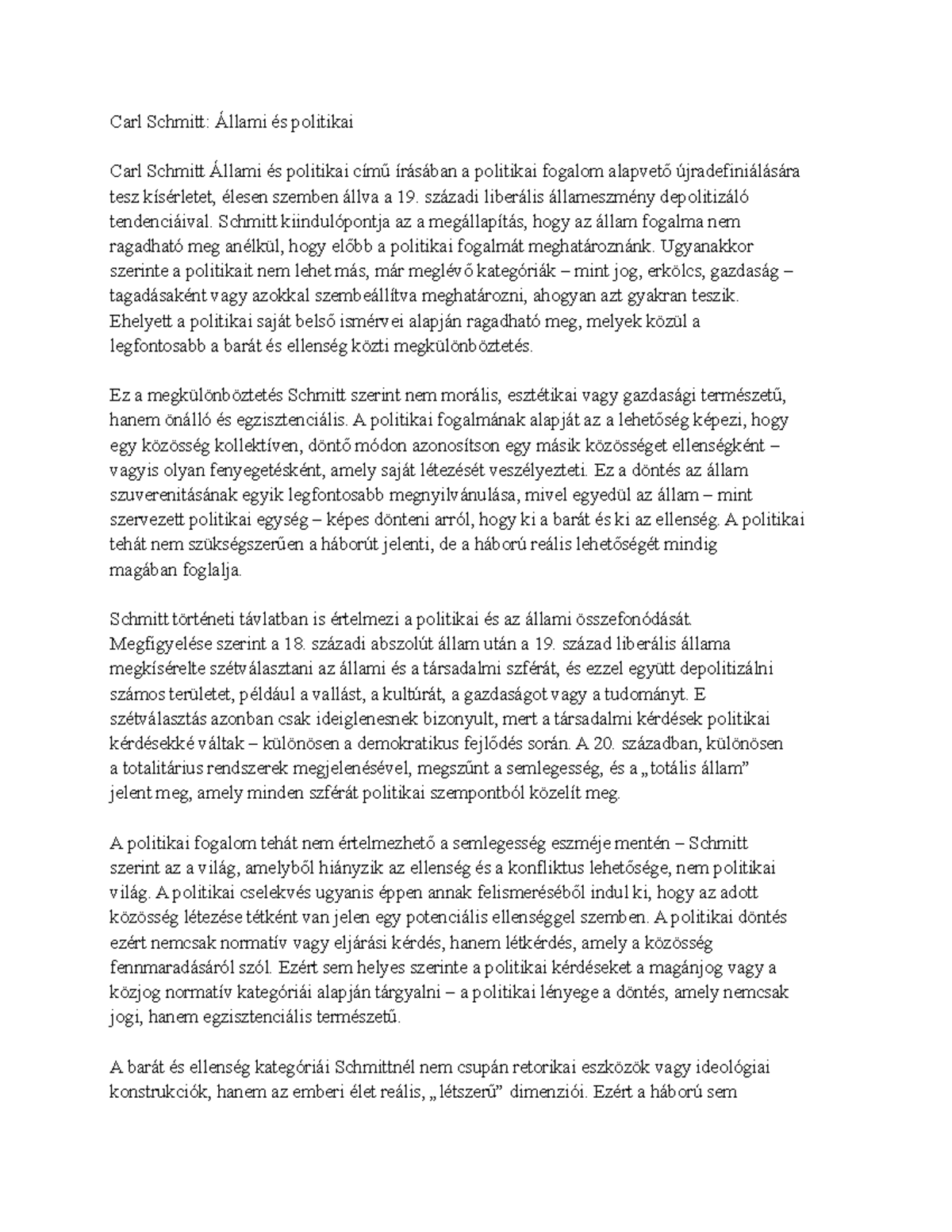 Államelmélet: Carl Schmitt Politikai Fogalom Újradefiniálása - Studocu