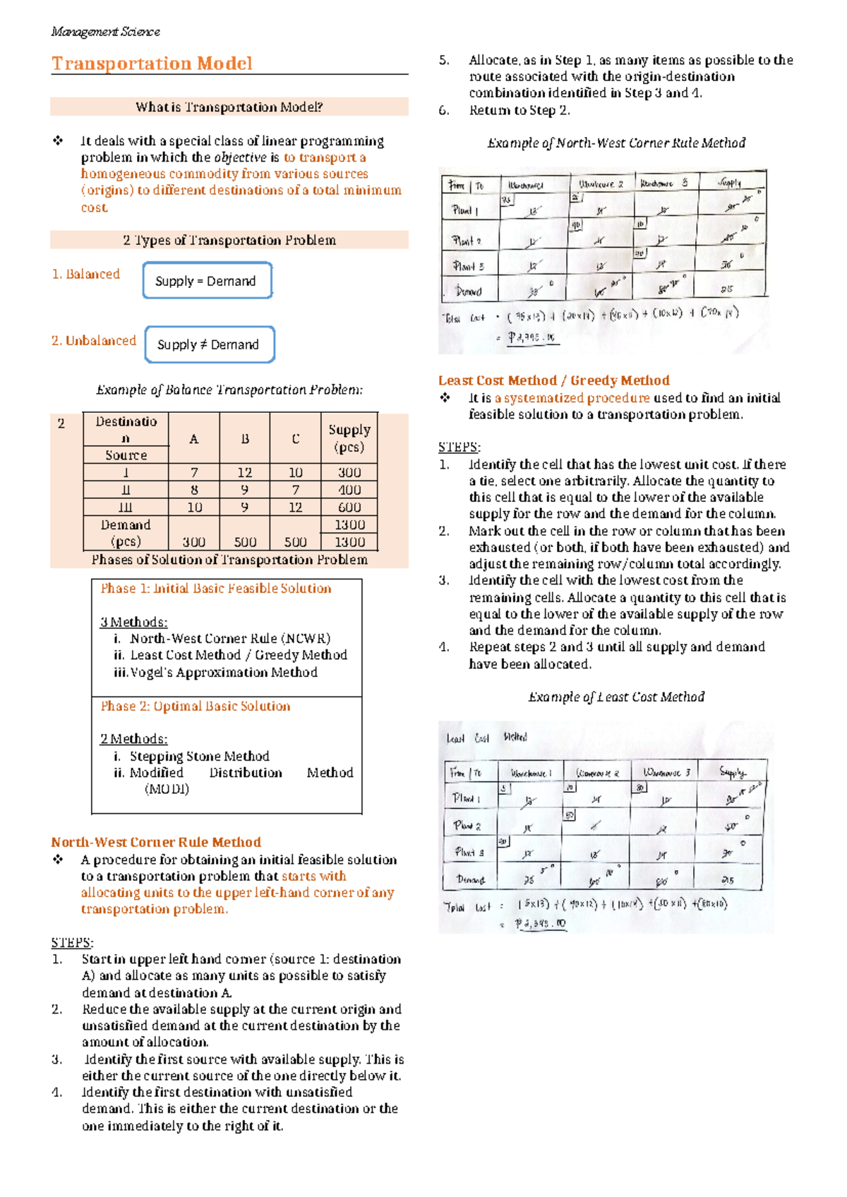 Mansci Notes - Transportation Model Overview and Solution Methods - Studocu