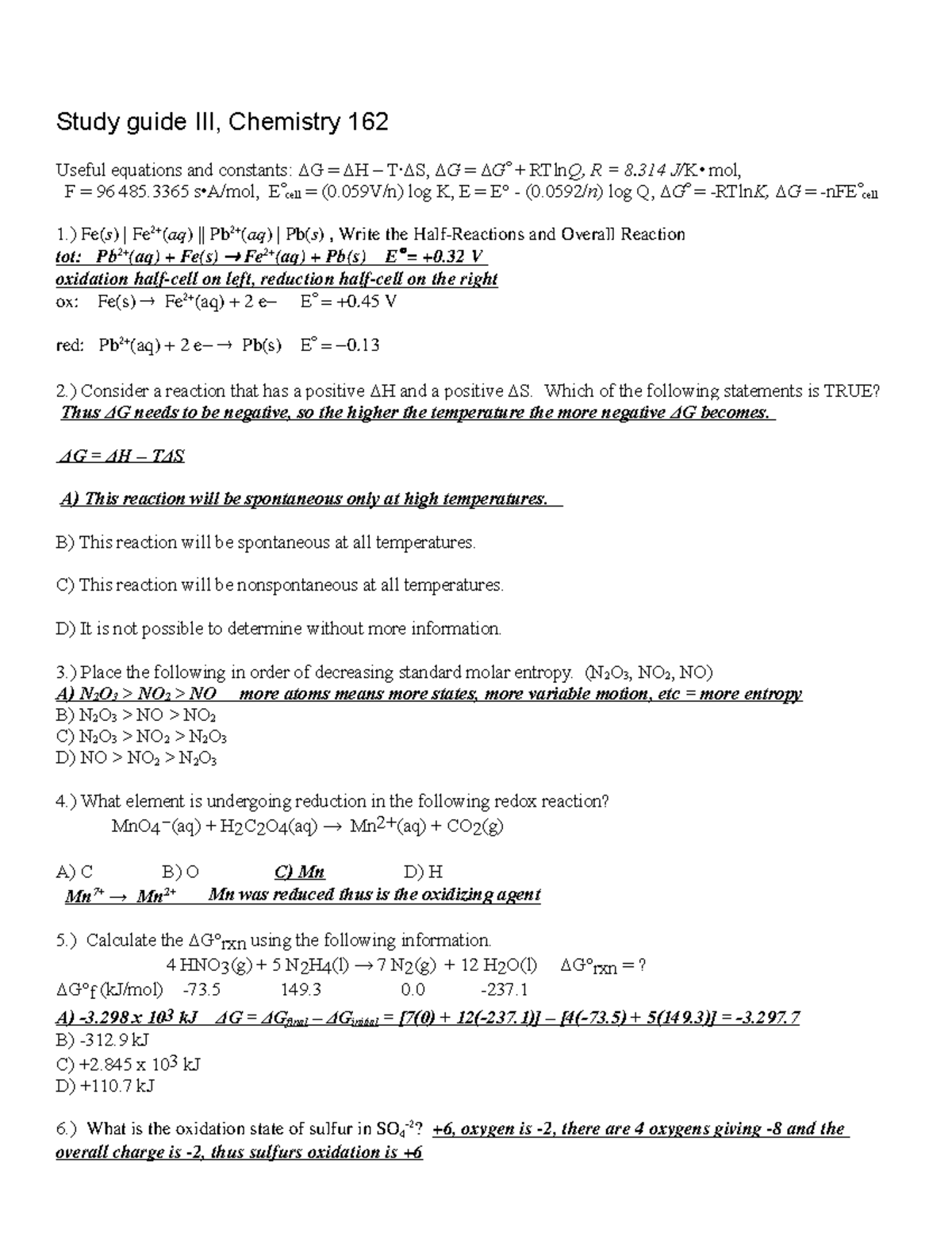 Study guide III chapter 18-19 Chem 162 with answers - Study guide III ...
