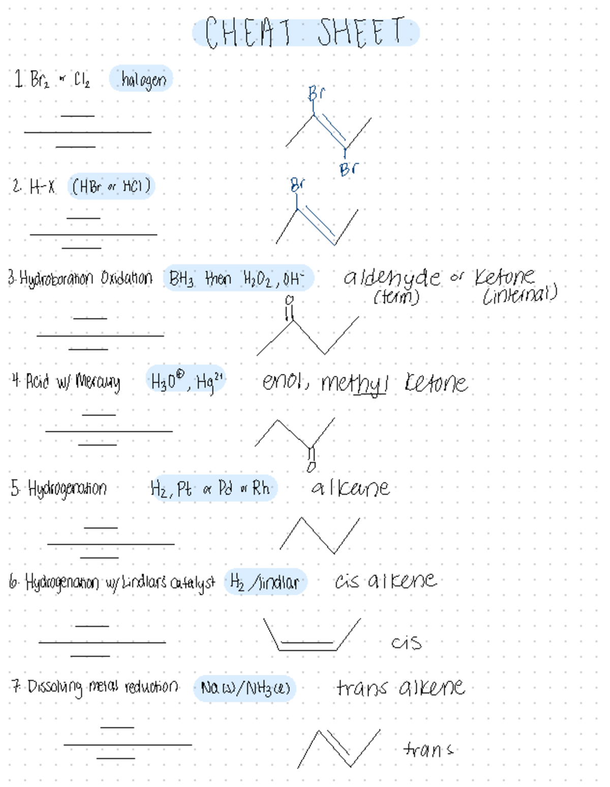 Alkyne Reactions with mechanisms - CHEAT SHEET Brzorck halogen pry tsr ...
