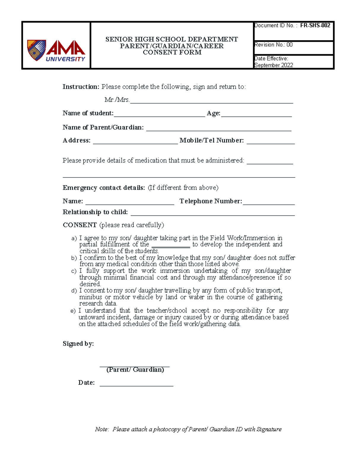 Senior High School Parent/Guardian Consent Form for Field Work - Studocu