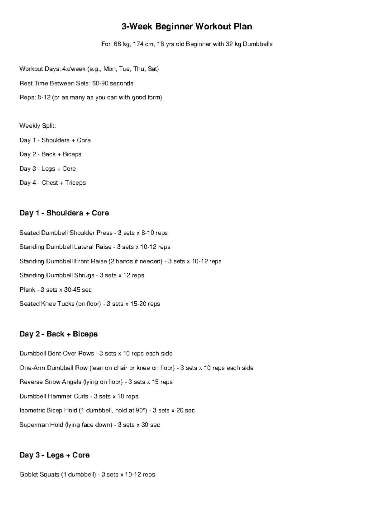Beginner Workout Plan: No Bench, 66 kg, 32 kg Dumbbells - Studocu