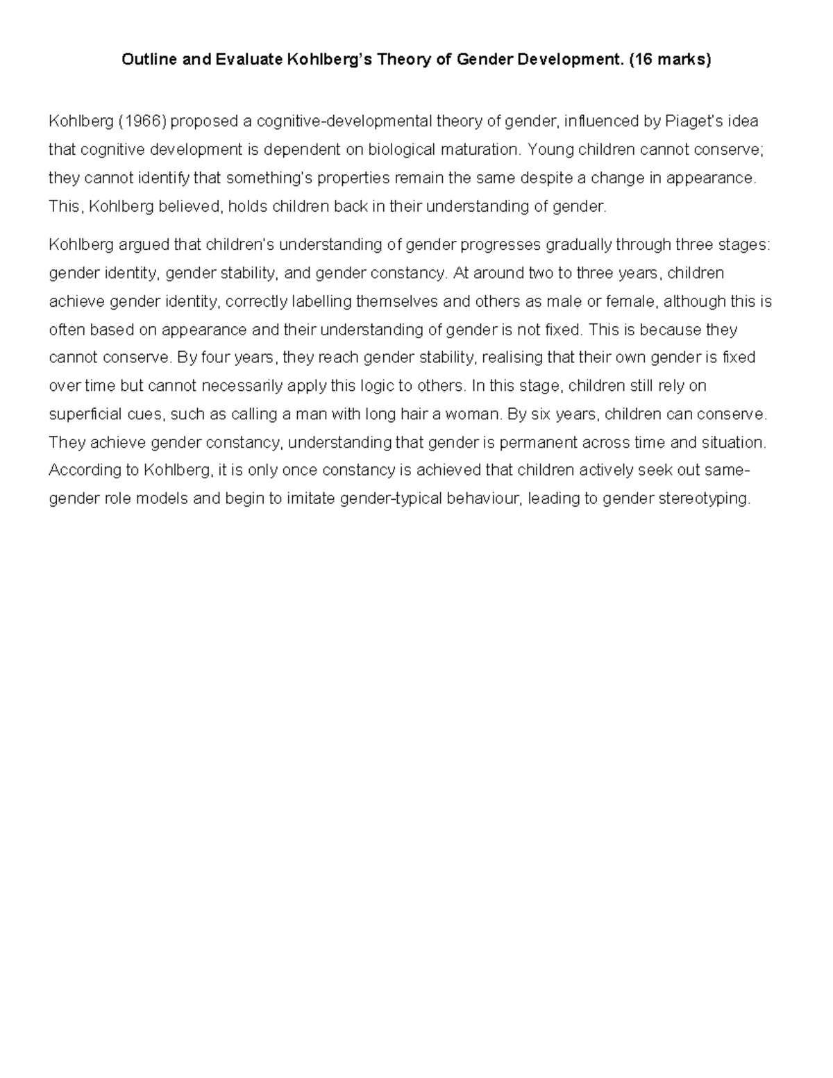 Kohlberg's Theory of Gender Development: An Evaluation Essay - Studocu