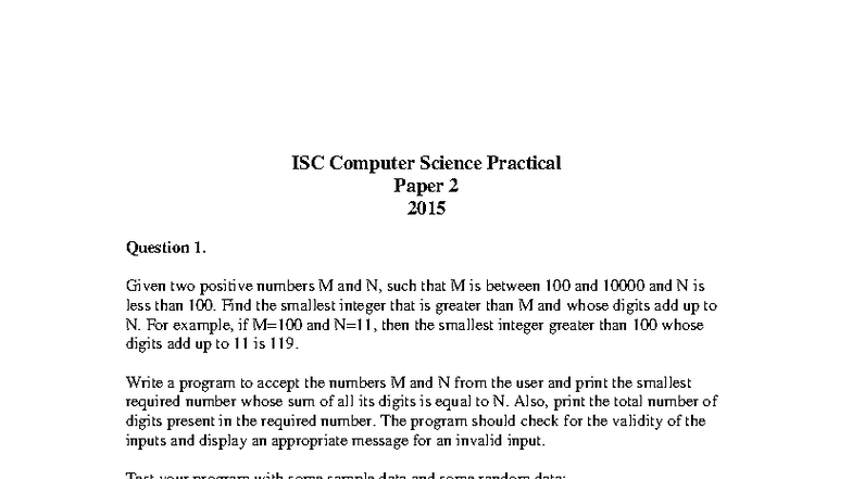 2015 ISC Computer Science Practical Paper 2 - Test Questions - Studocu
