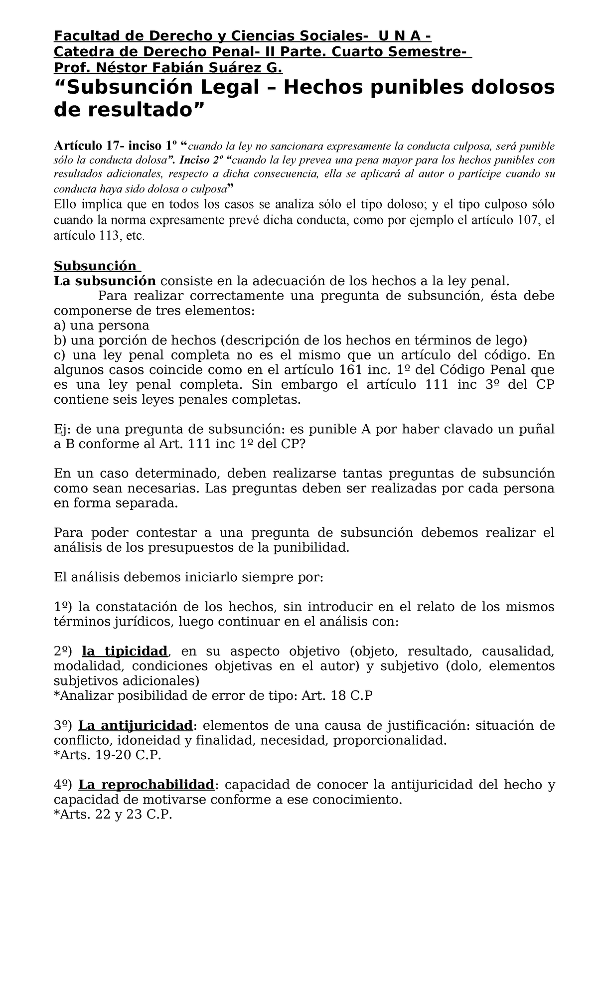 Derecho II - Resumen de Subsunción y Hechos Punibles Culposos - Studocu