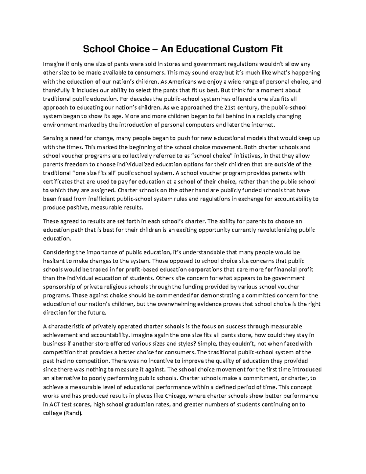 Argumentative Essay Example: School Choice in Education Reform - Studocu