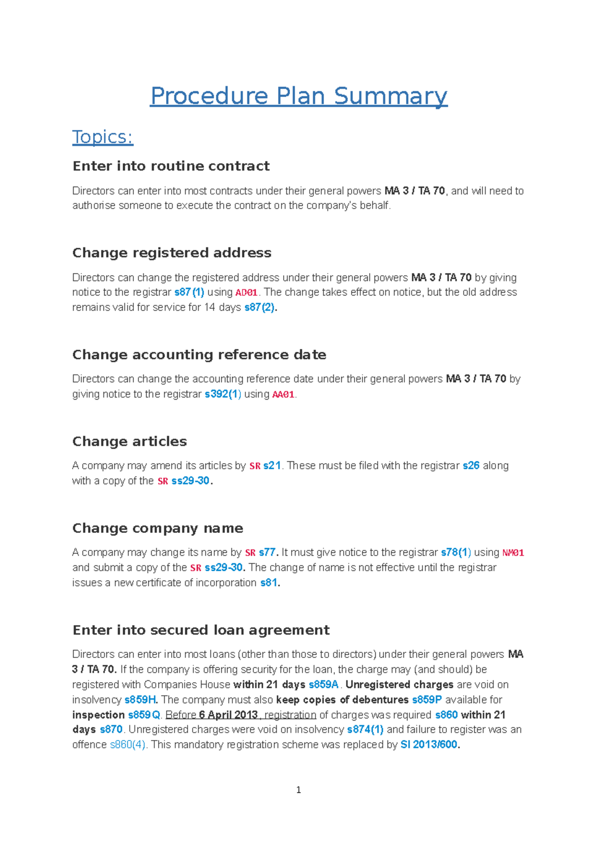 BLP Procedure Plan - Key Notes on Company Director Powers and Actions ...