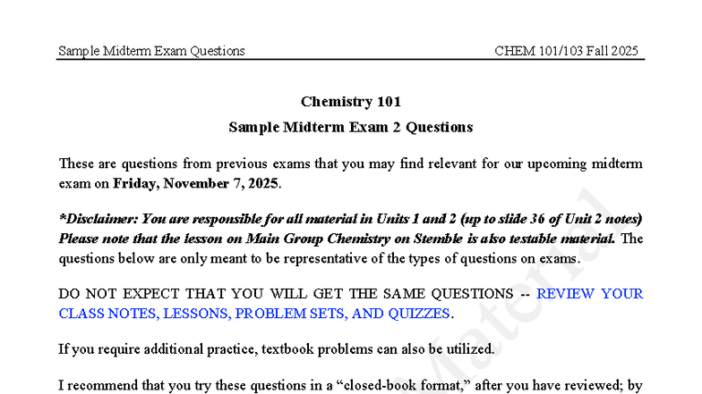 Sample Midterm Exam 2 Questions CHEM 101 Fall 2025 - Studocu