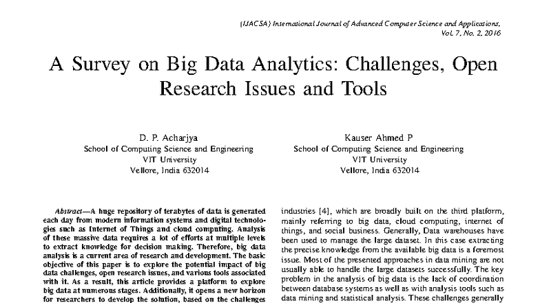 A Survey on Big Data Analytics Challenges and Tools (IJACSA) - Studocu