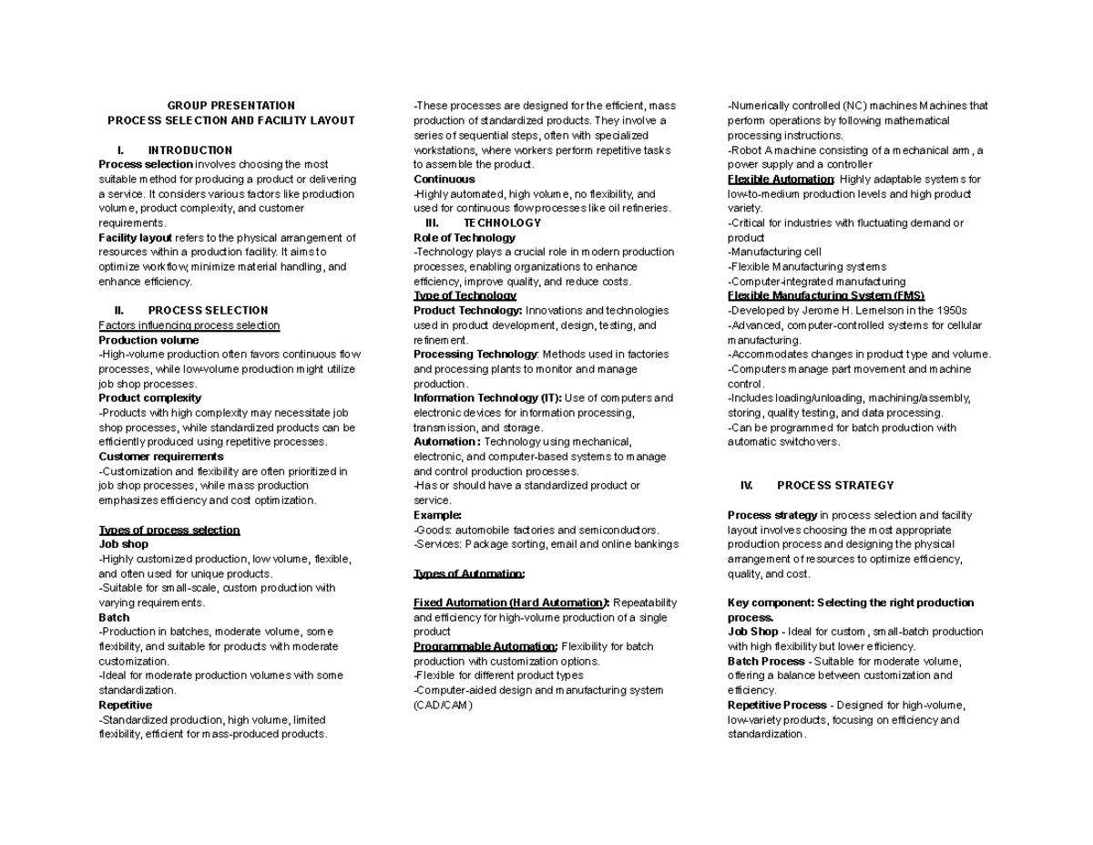 Process Selection & Facility Layout Overview - Group Presentation - Studocu