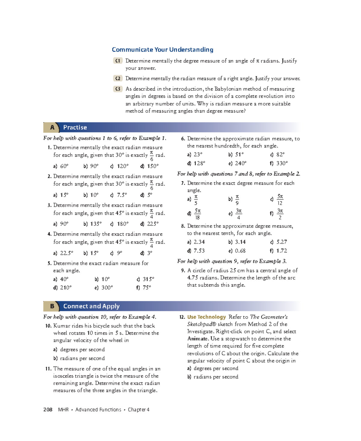 Chapter 4 Homework MHF4U: Radian and Degree Measures in Trigonometry ...