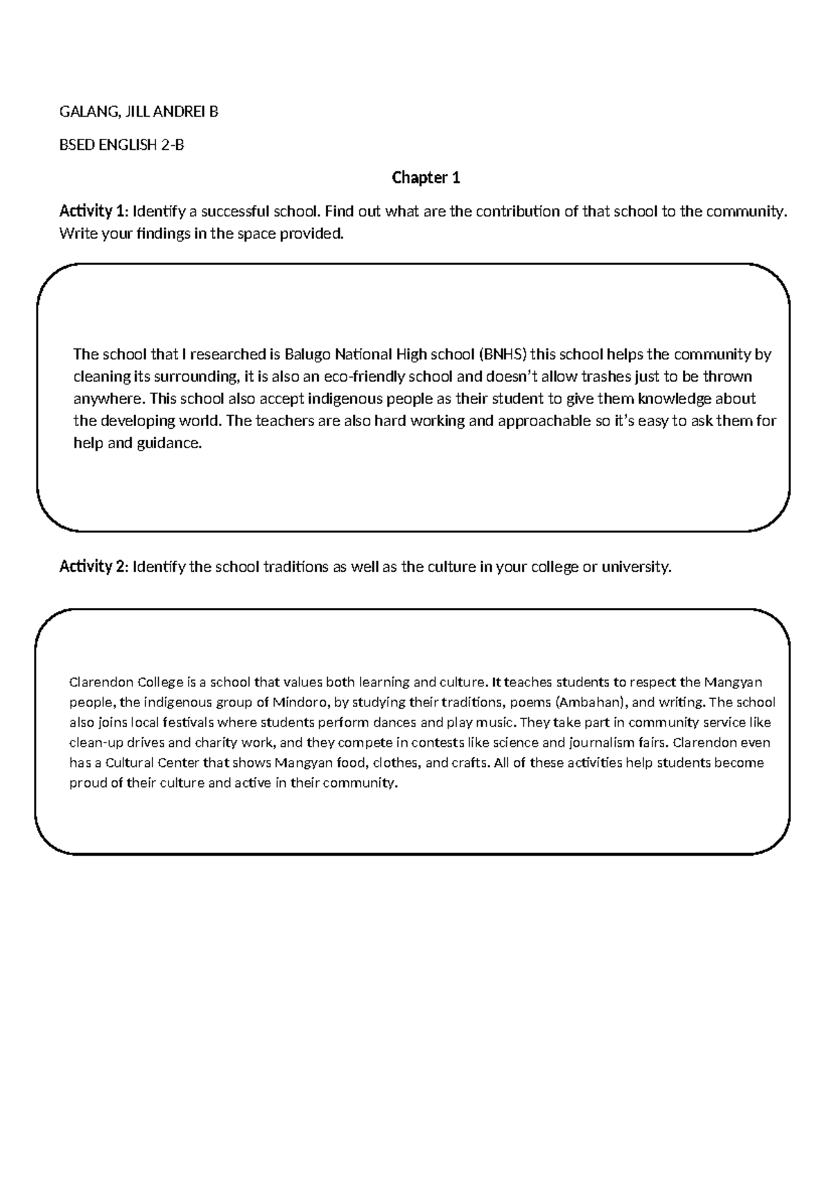 BSED ENGLISH Chapter 1 & 2 Activities: School Contributions & Culture ...