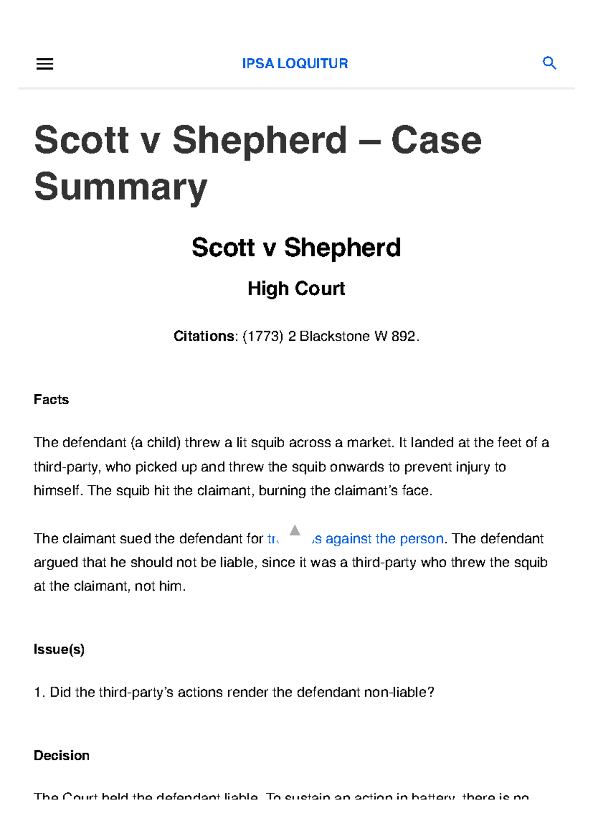 Scott v Shepherd - Case Summary (IPSA LOQUITUR) - Studocu