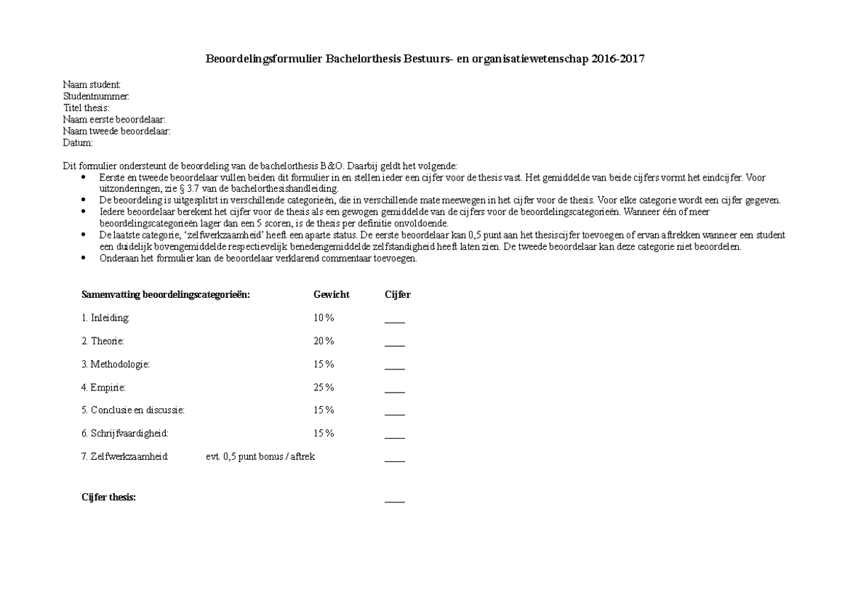 Bachelorthesis Beoordeling Formulier - Organisatiewetenschap - Studeersnel
