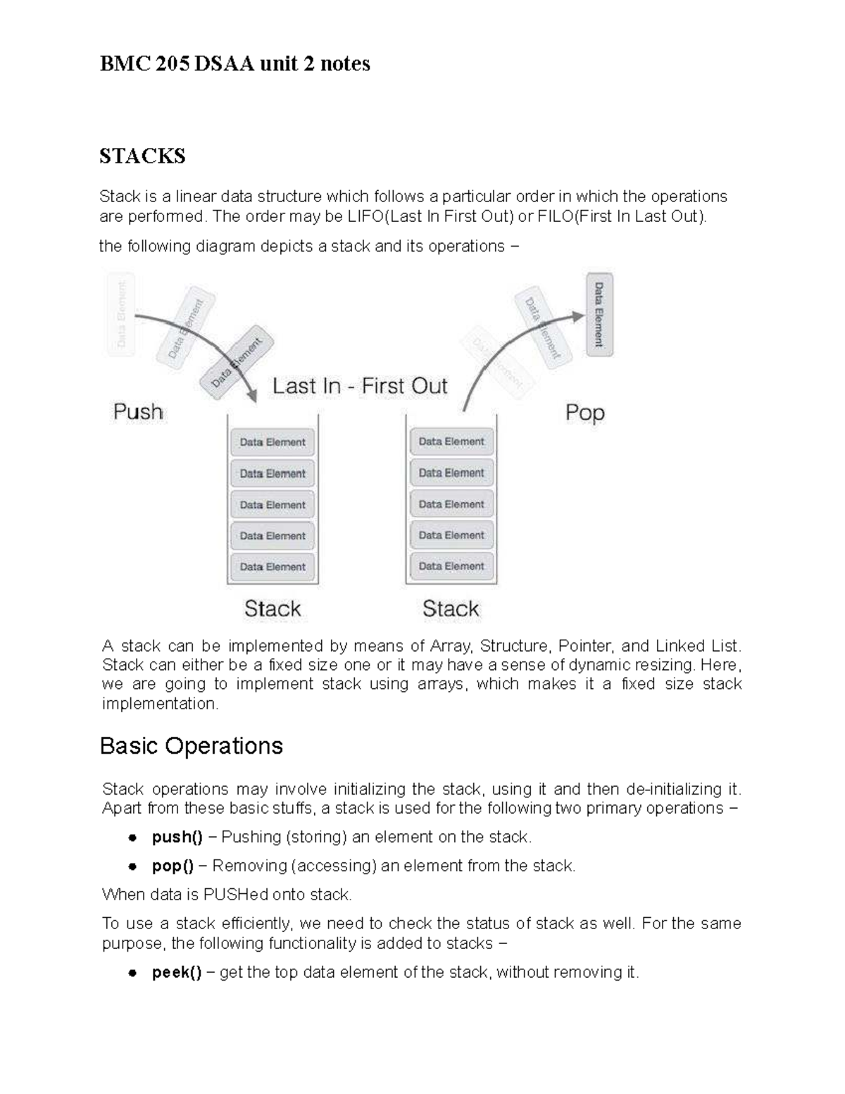 BMC 205 DSAA Unit 2: Stack Data Structure Notes - Studocu