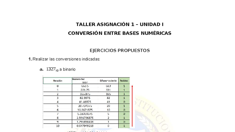Taller Asignación 1 - Unidad I: Conversión entre Bases Numéricas - Studocu