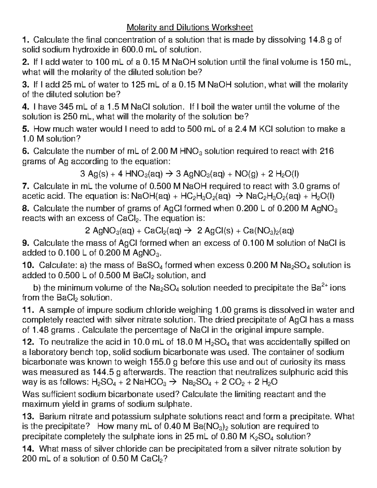 Molarity and Dilutions Worksheet 2: Calculations and Solutions - Studocu