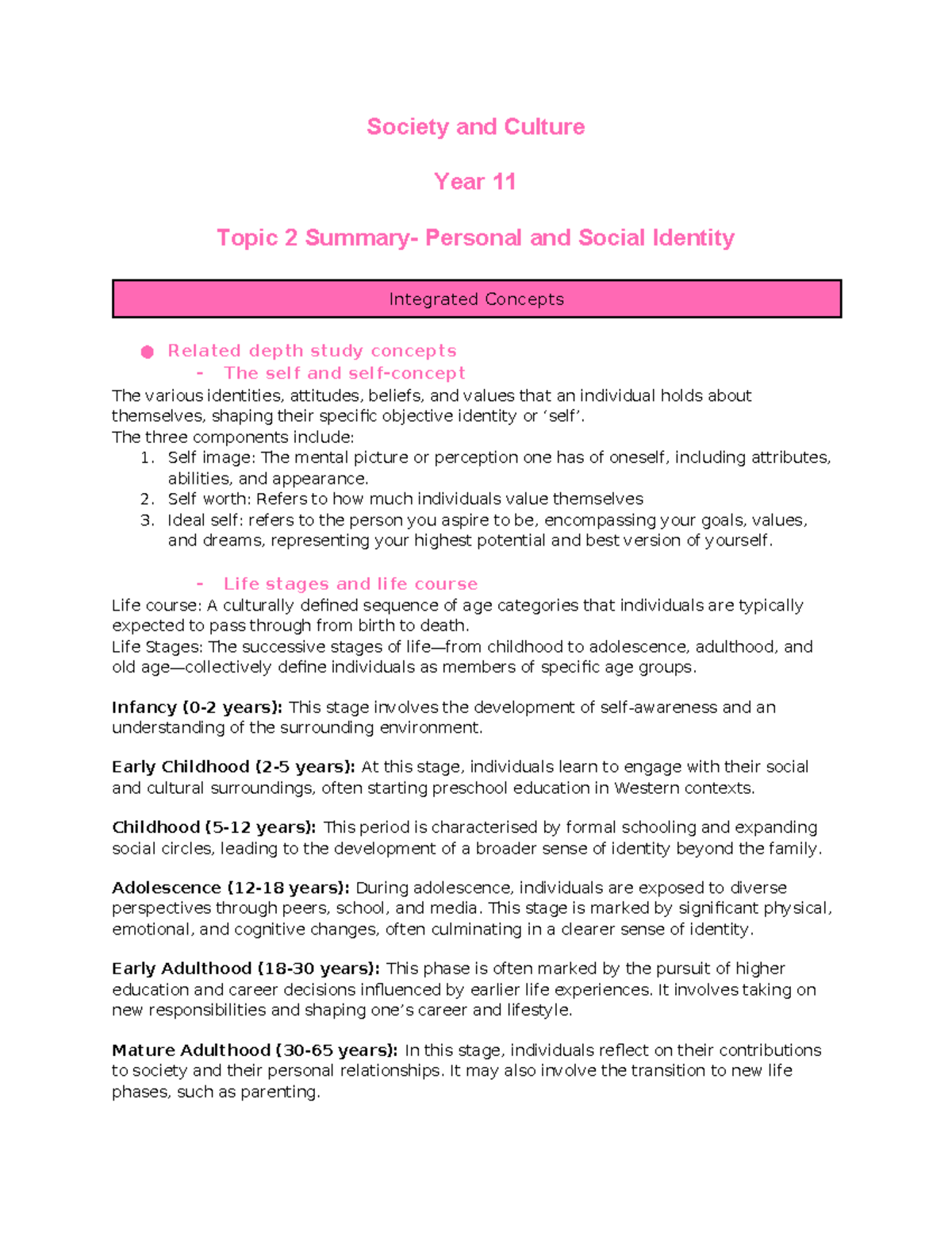 Society and Culture Year 11: Personal and Social Identity Summary - Studocu