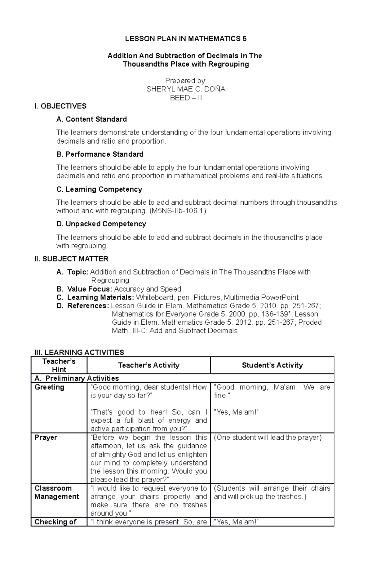 Math Lesson Plan (M5NS-IIb-106.1): Addition & Subtraction of Decimals ...