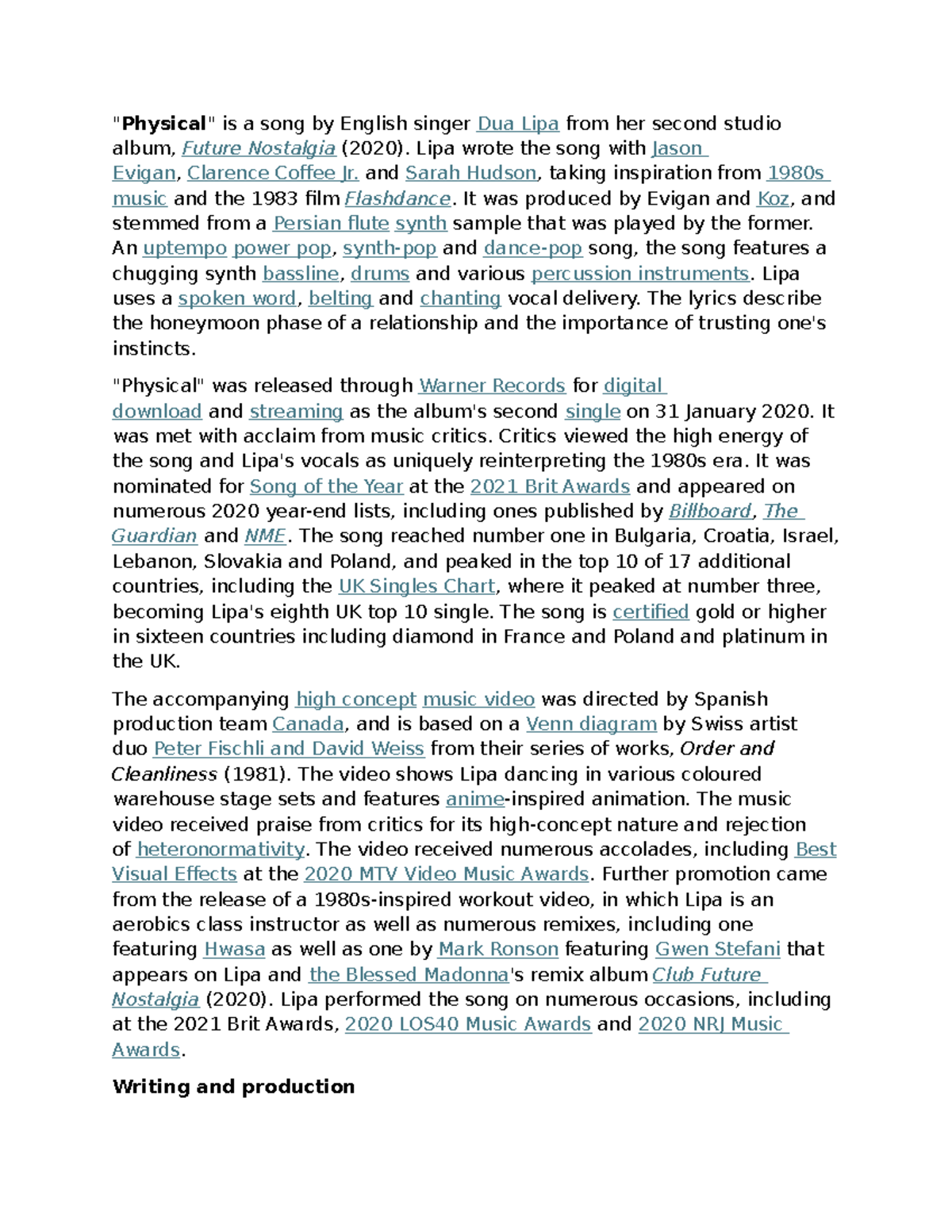 Physical: A Song Analysis from Dua Lipa's Future Nostalgia Album - Studocu