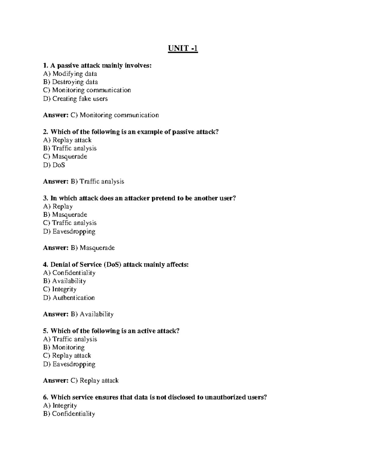 UNIT 1: Important MCQs on Network Security - Studocu