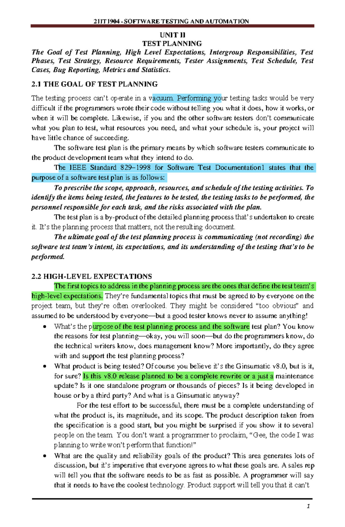 21IT1904 SOFTWARE TESTING AND AUTOMATION UNIT II TEST PLANNING NOTES ...