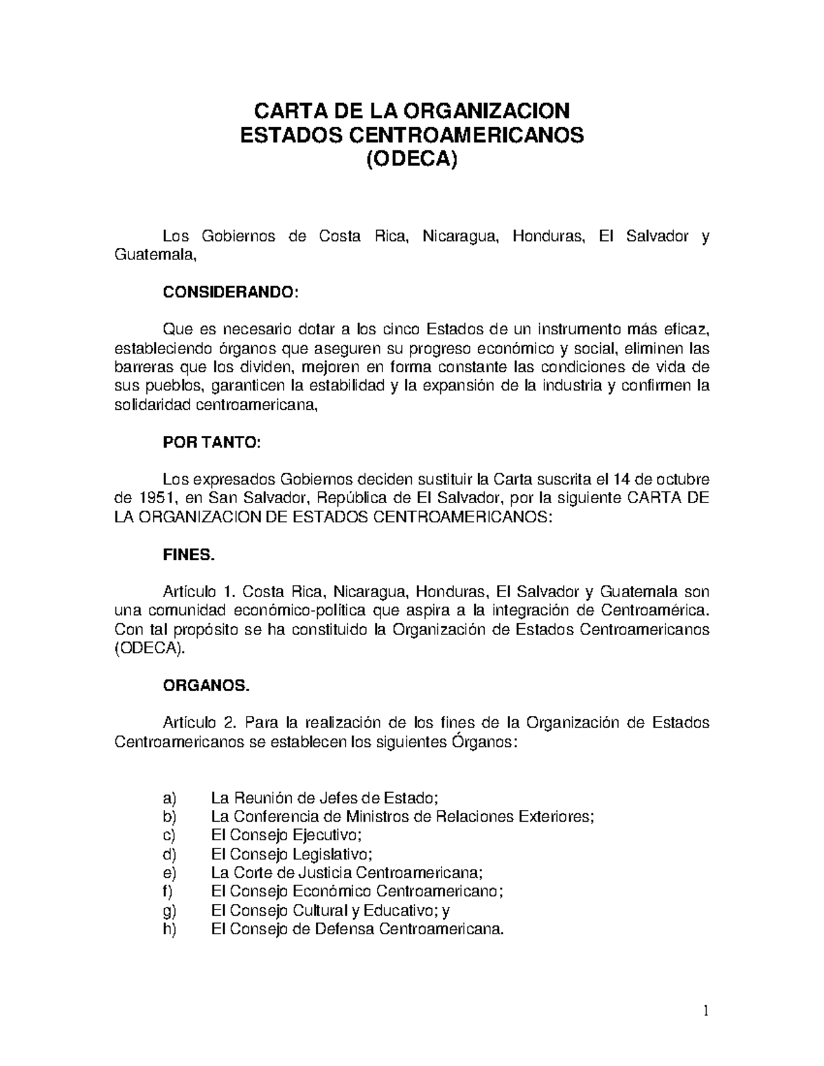 Carta de la Organización de Estados Centroamericanos (ODECA) - Nueva ...