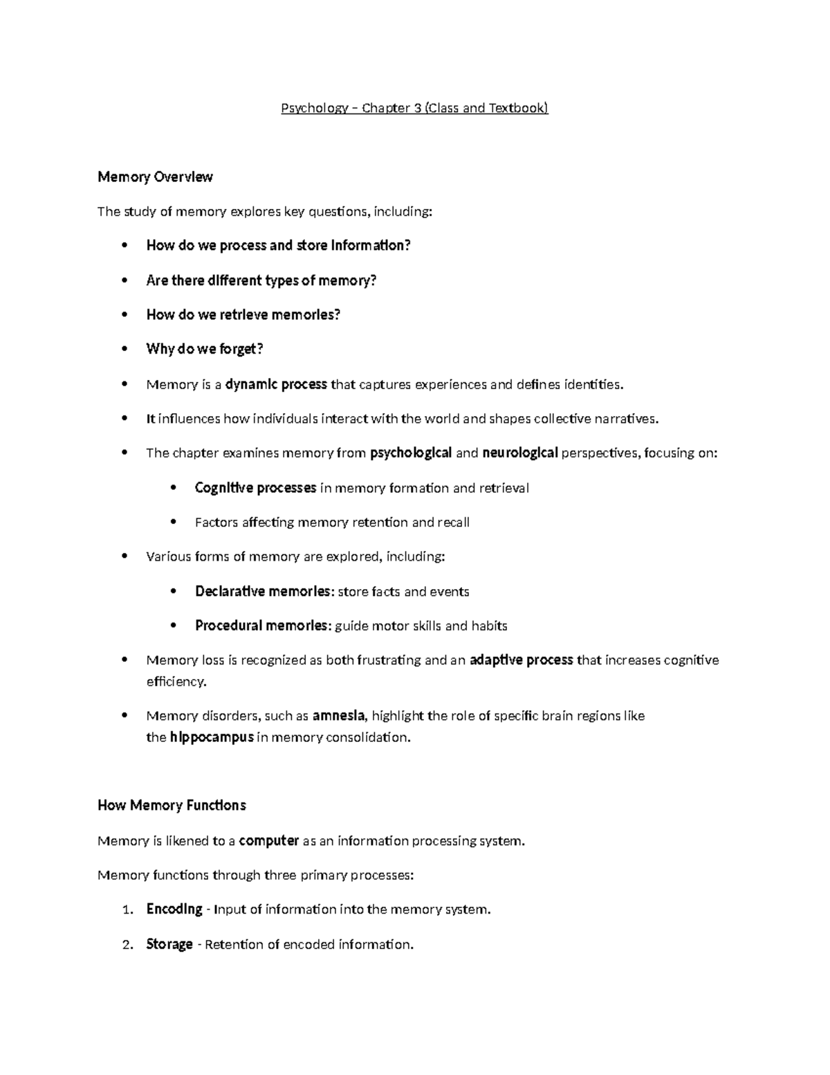 Psychology Chapter 3 - Memory Overview (Class & Textbook Notes) - Studocu