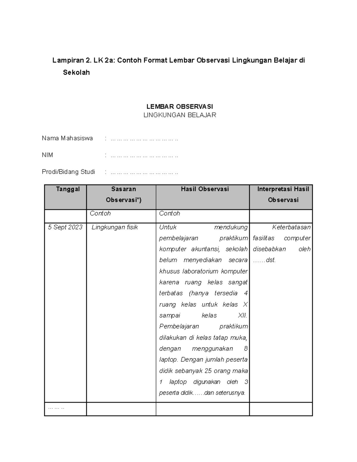 Lampiran 2. LK 2a Contoh Format Lembar Observasi Lingkungan Belajar di ...