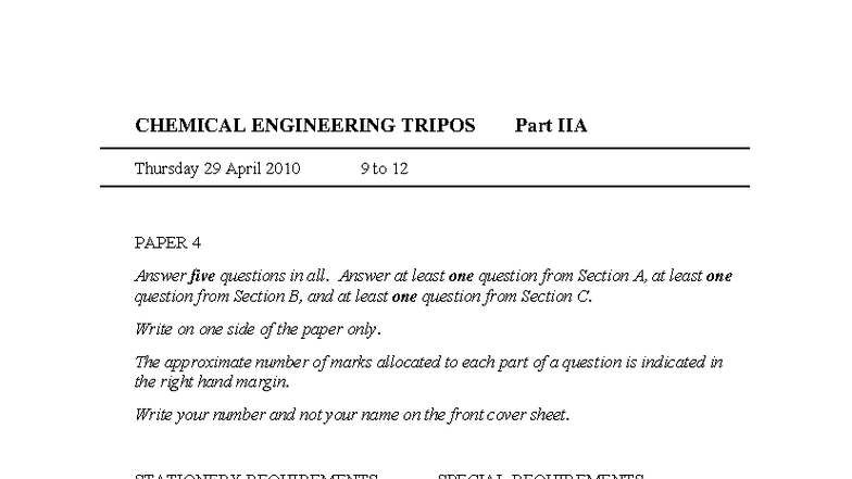 2010 Chemical Engineering Tripos Part IIA Paper 4 Exam Questions - Studocu
