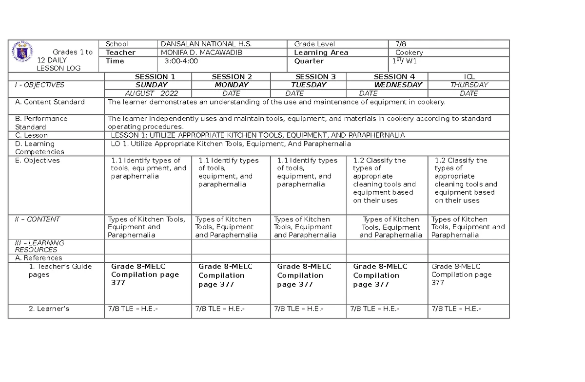DLL-in-Cookery - DLL - Grades 1 to 12 DAILY LESSON LOG School DANSALAN ...