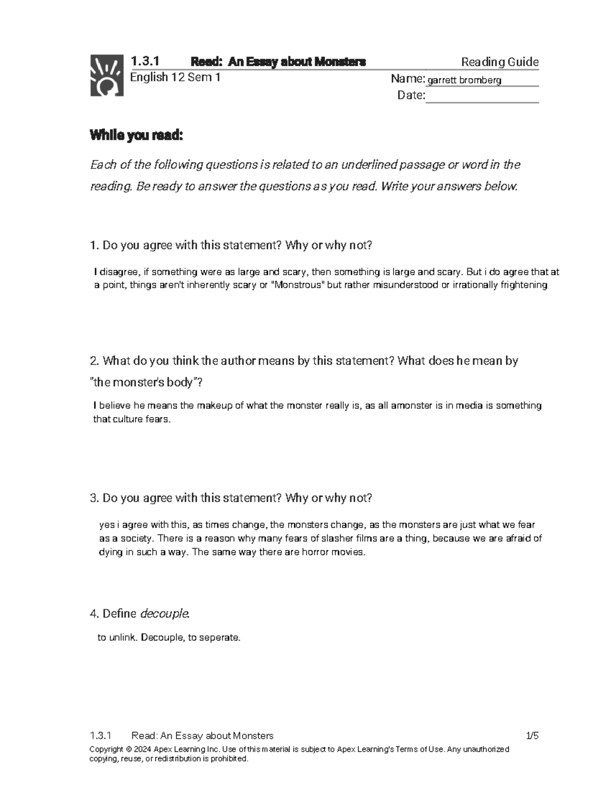 1.3.1 Read - An Essay about Monsters (Reading guide) DONE - Read: An ...