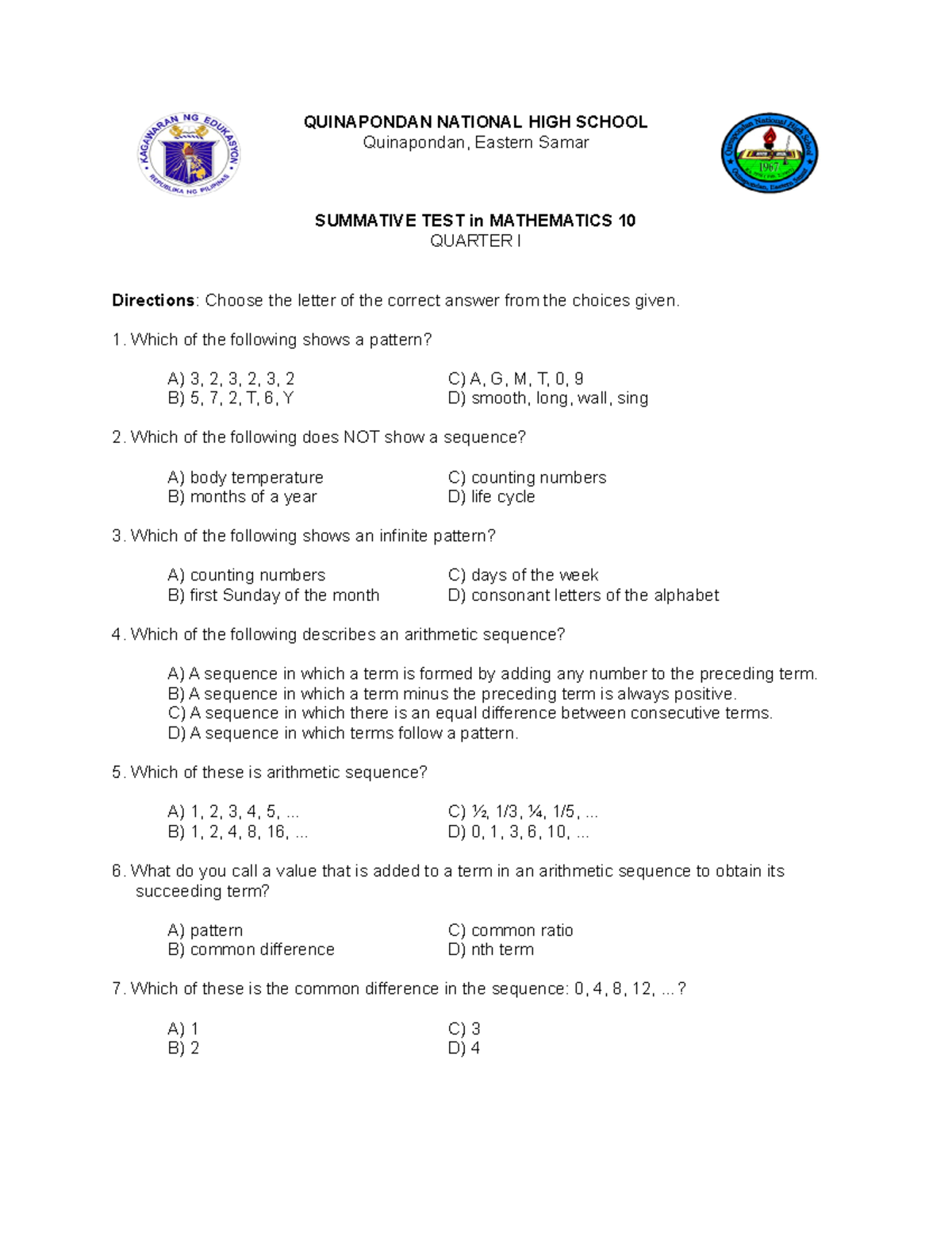 Grade 10 Math Summative Exam Q1: Patterns & Sequences Analysis - Studocu