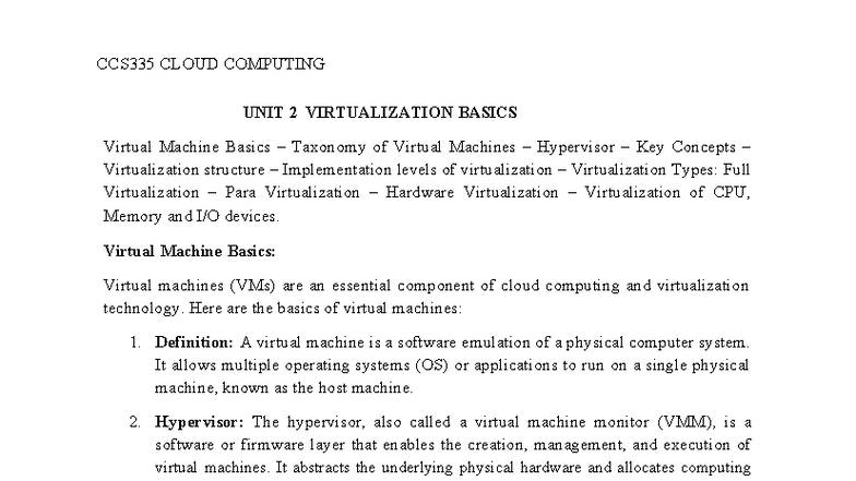 CCS335 CLOUD COMPUTING UNIT 2: VIRTUALIZATION BASICS & KEY CONCEPTS - Studocu
