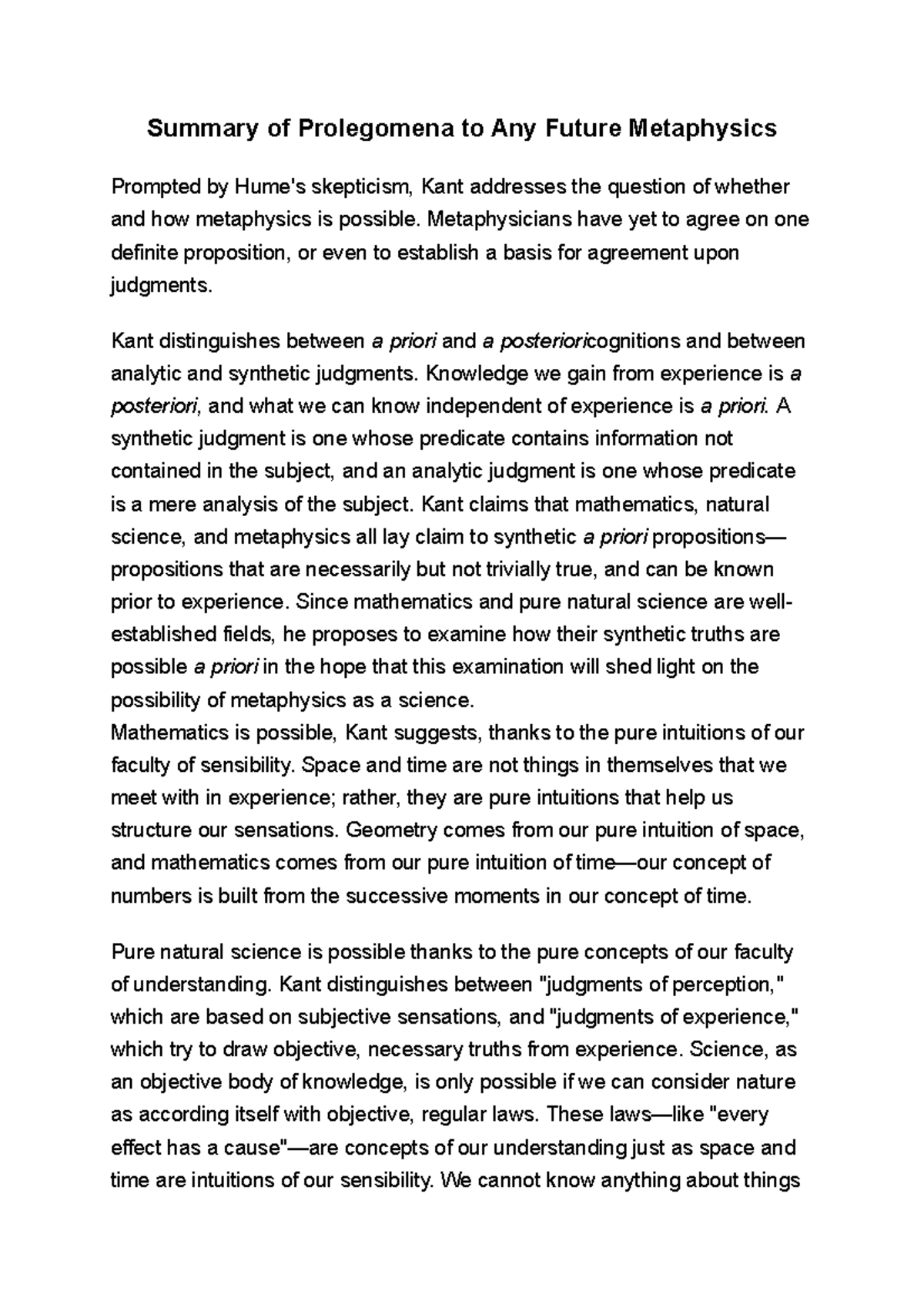 Summary of Prolegomena to Any Future Metaphysics - Metaphysicians have ...