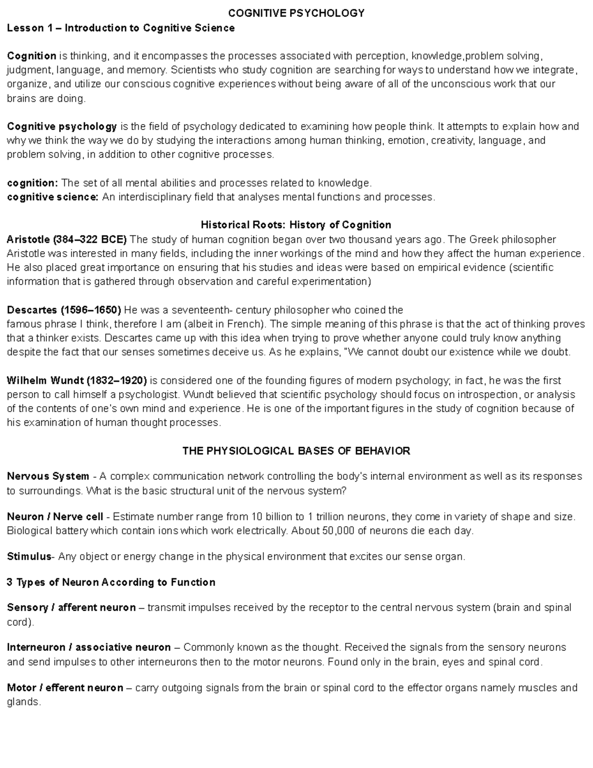 COGNITIVE PSYCHOLOGY I MT - Lesson 1: Intro to Cognitive Science - Studocu