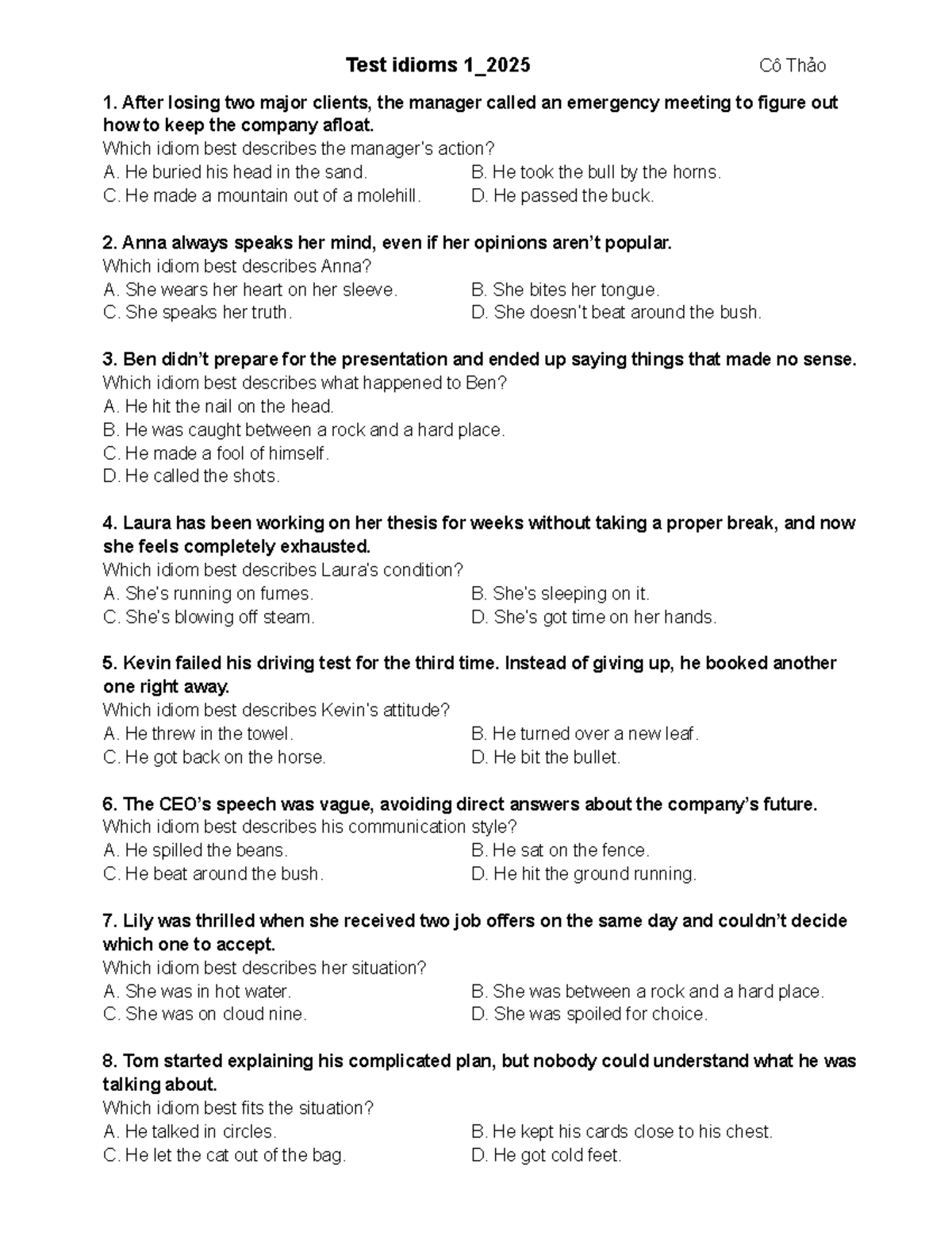 Test Idioms 1 - 2025: Understanding Common Expressions - Studocu