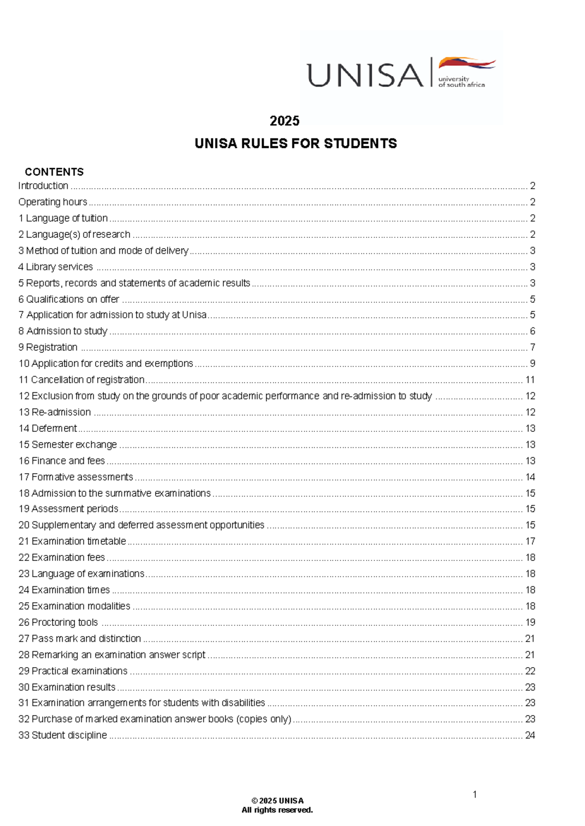 2025 UNISA Student Rules and Regulations Overview - Studocu