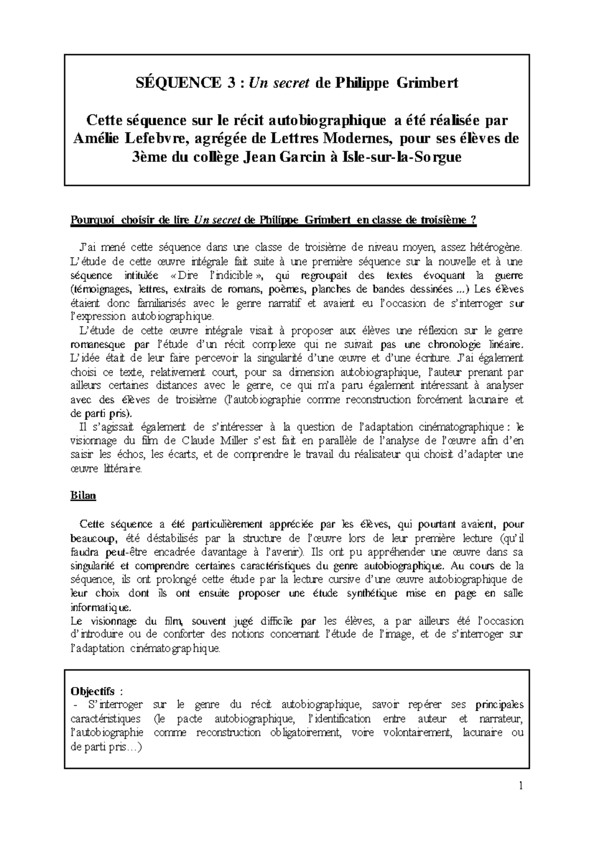 SÉQUENCE 3 : Analyse du récit autobiographique "Un secret" de Philippe ...