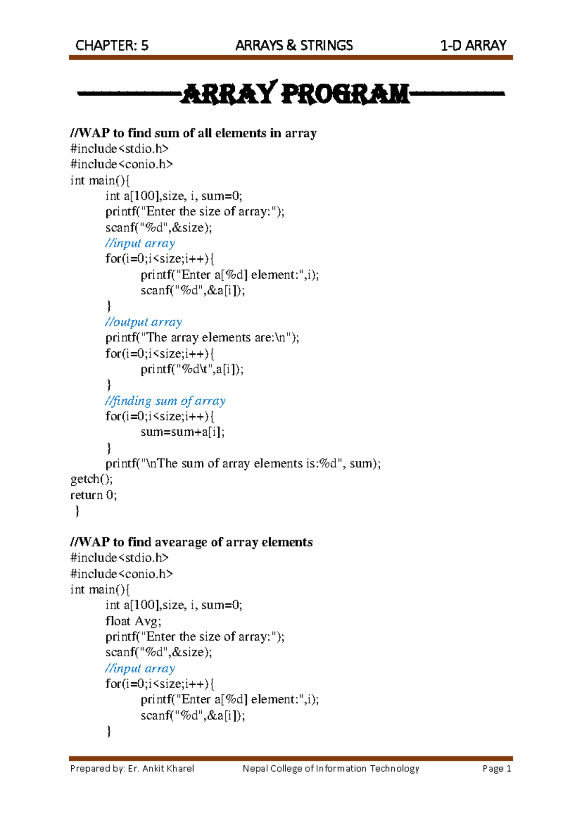 1 D array programs - note -ARRAY PROGRAM- //WAP to find sum of all ...
