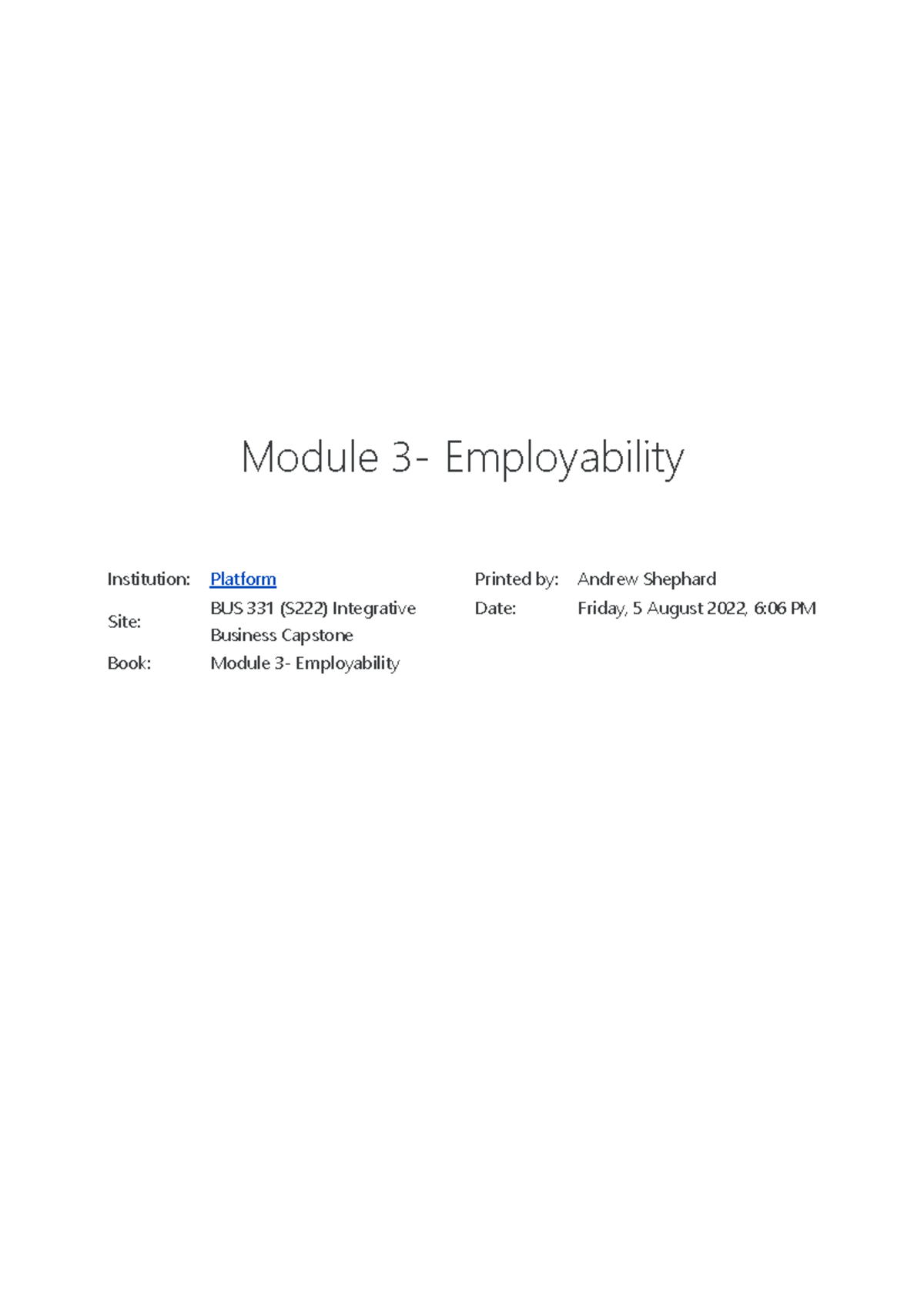 Module 3- Employability - Module 3- Employability Institution: Platform Site: BUS 331 (S222 ...