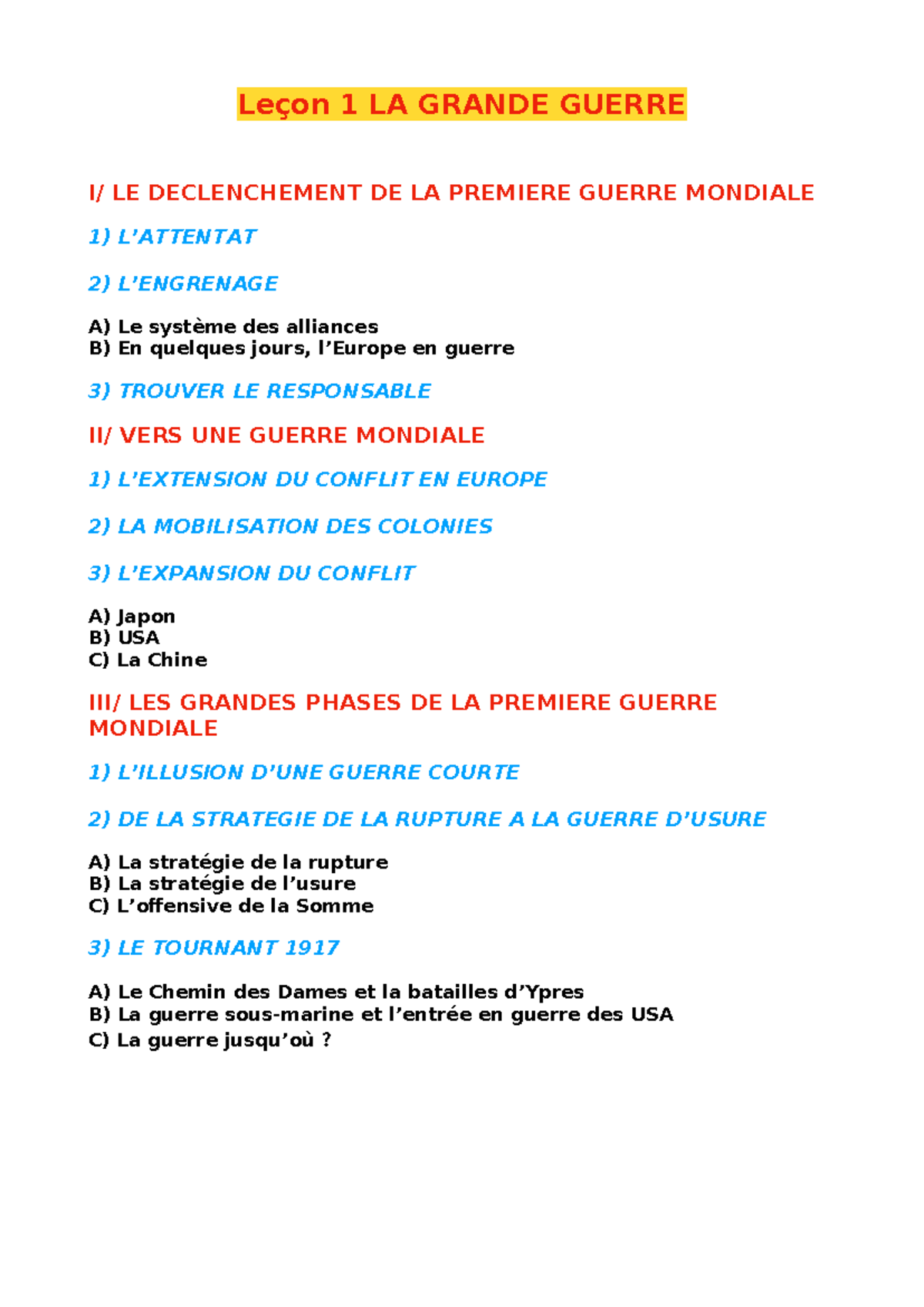 Leçon 1 : Le Déclenchement de la Première Guerre Mondiale - Studocu