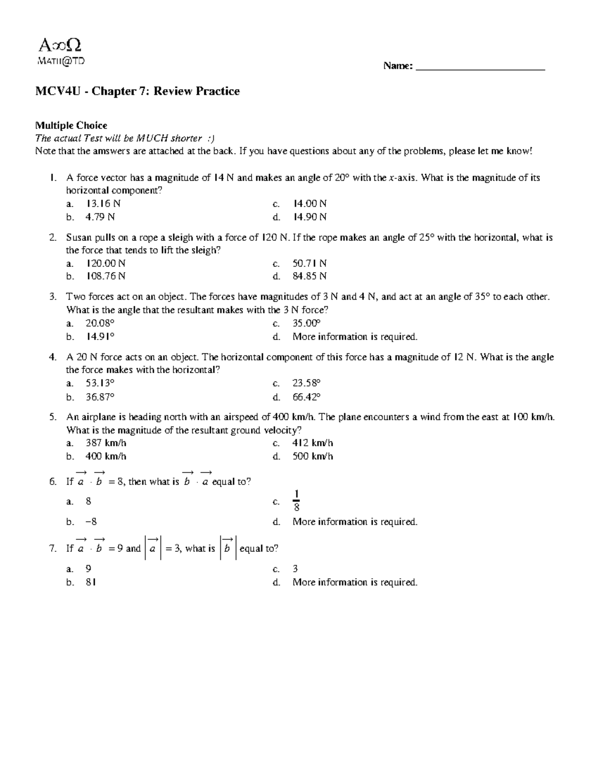MCV4U Chapter 7: Practice Review for Multiple Choice Test - Studocu