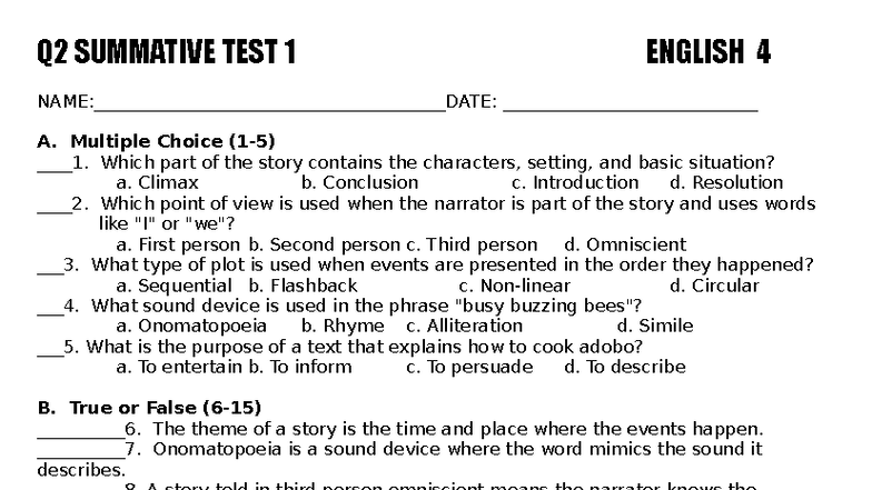English 4 Q2 Summative Test 1: Multiple Choice & True/False - Studocu