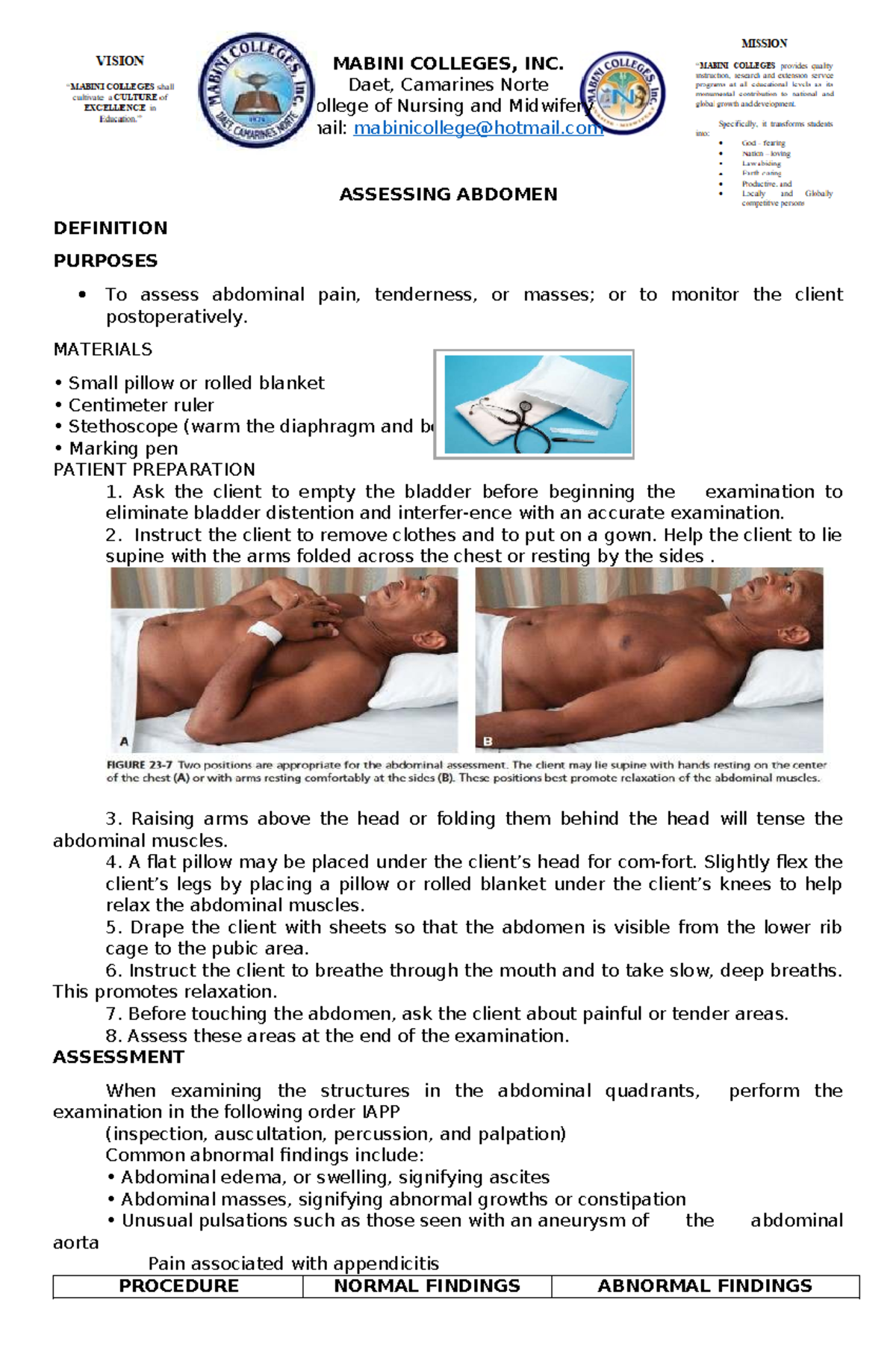 Assessing the Abdomen: Procedure and Clinical Considerations - Studocu