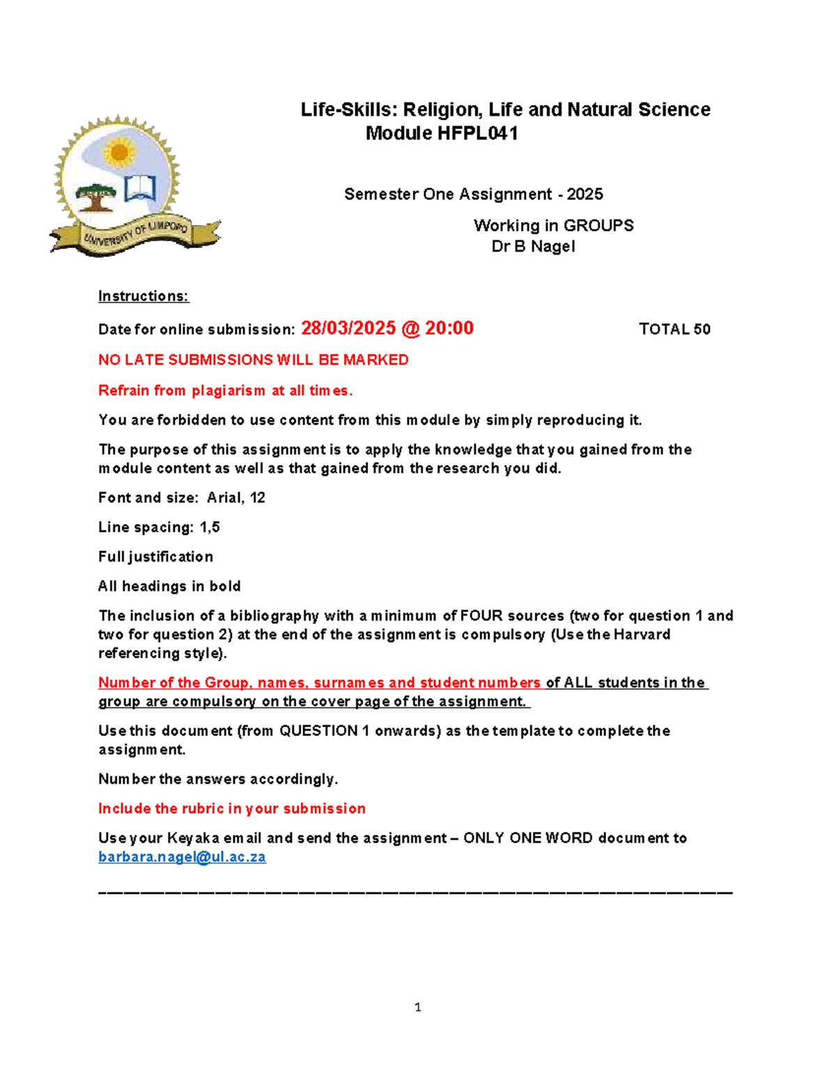 Religion, life and natural science module HFPL041 semester one ...