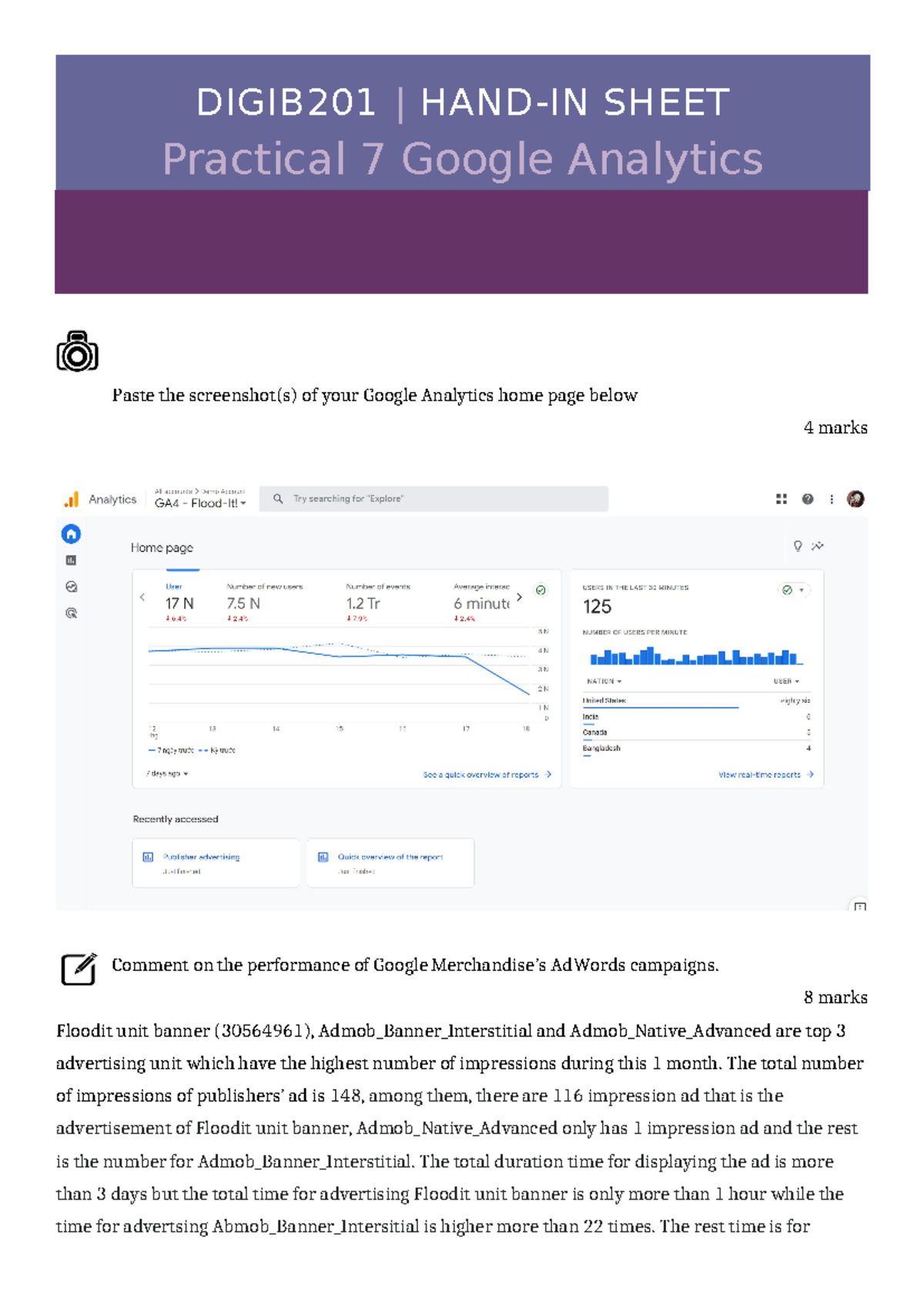 Practical 7 Google Analytics Hand in sheet - DIGIB201 | HAND-IN SHEET ...